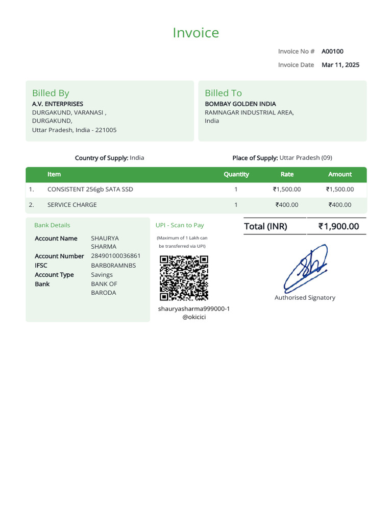 Invoice A00100 Av Enterprises Bombay Golden India | PDF