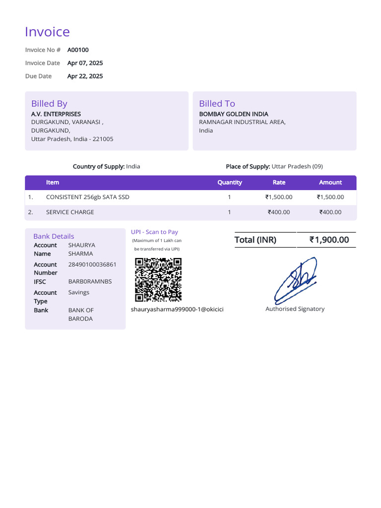 Invoice A00100 Av Enterprises Bombay Golden India | PDF