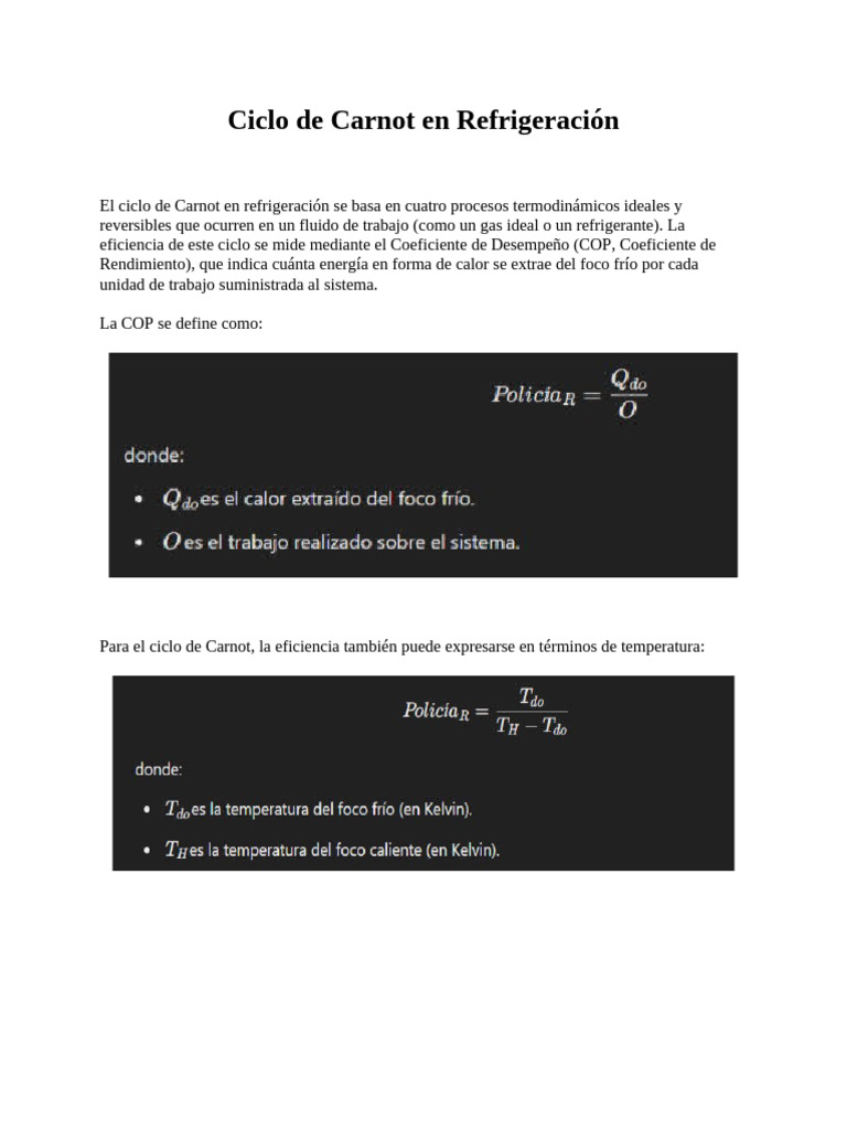 Ciclo de Carnot en Refrigeración y COP | PDF | Refrigeración | Fenomeno ...