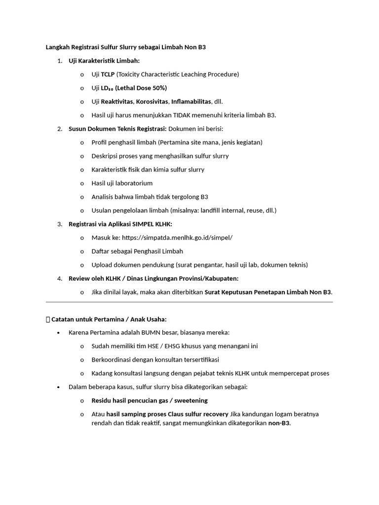 Registrasi Sulfur Slurry Non B3 di Indonesia | PDF