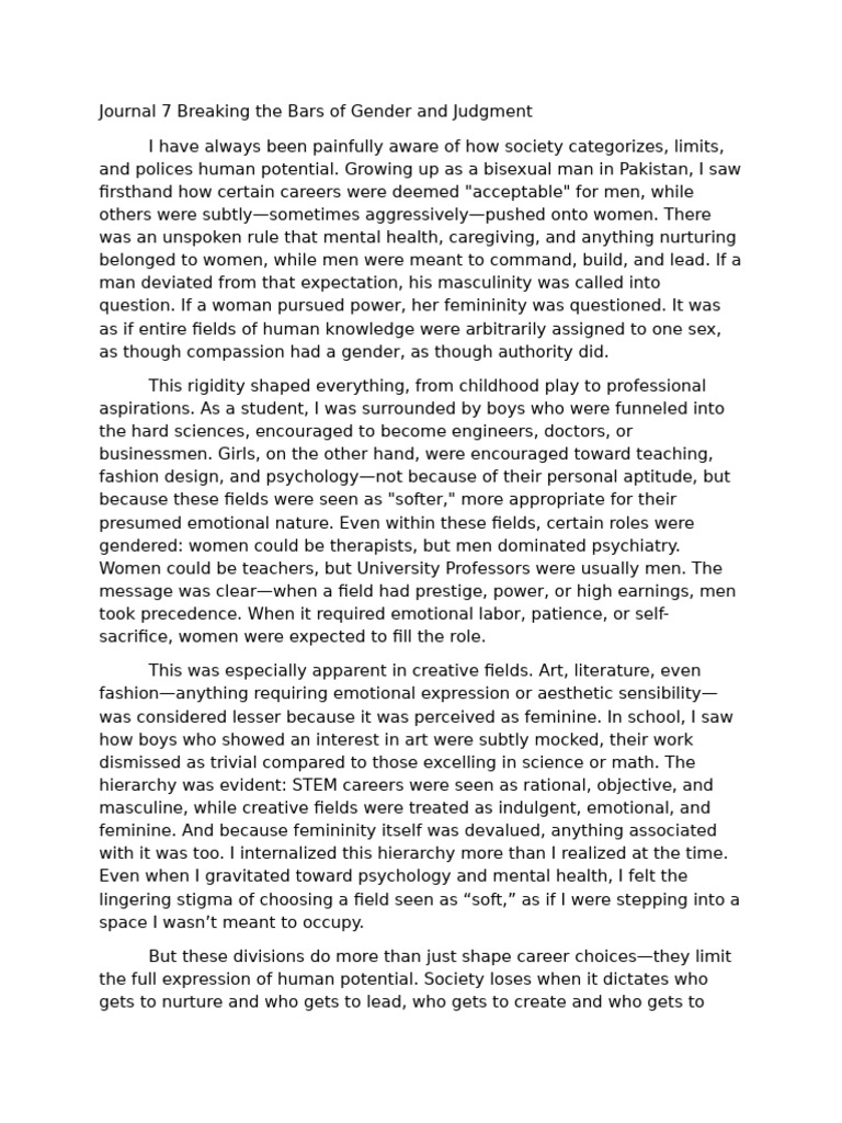 Journal 7 Breaking The Bars of Gender and Judgment | PDF | Femininity ...