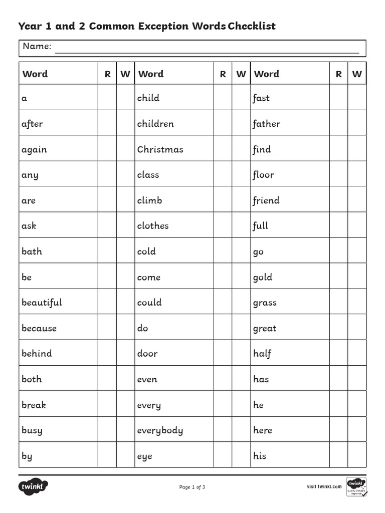 t l 8655 Common Exception Words Years 1 and 2 Assessment Sheet | PDF