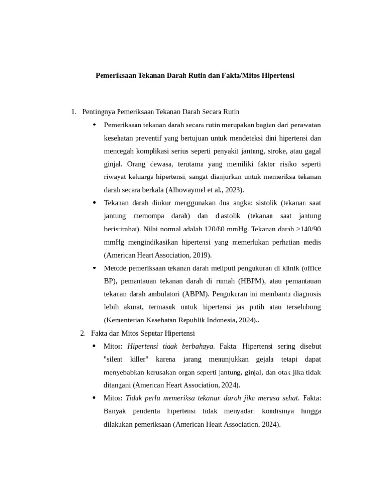 Pemeriksaan Tekanan Darah Rutin Serta Fakta Dan Mitos HT | PDF
