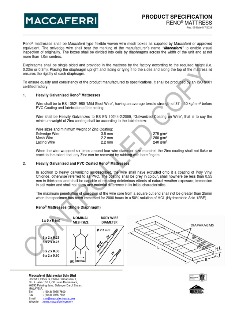 TS-MY-Reno Mattress PVC 1Pg, 2021-JKR | PDF | Polyvinyl Chloride | Wire