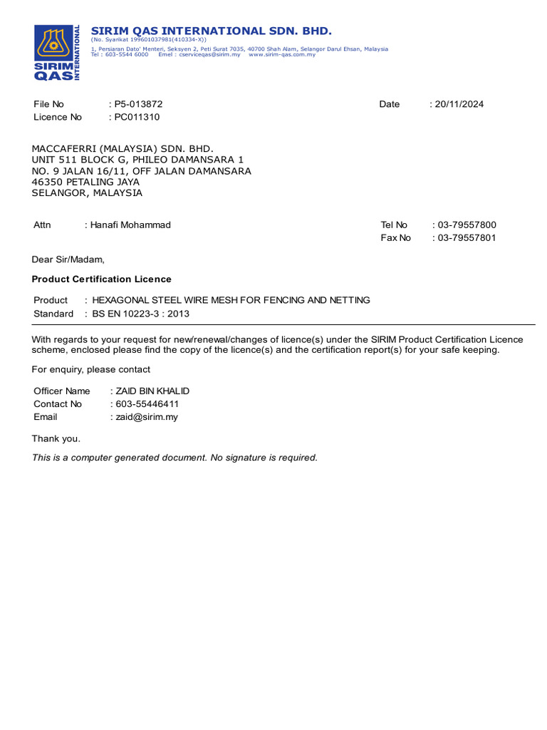 Sirim Cert - Valid Till 02112025 | PDF | Civil Engineering