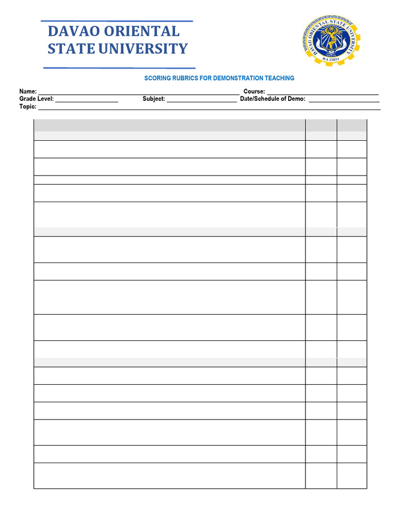 Scoring Rubrics For Teaching Demonstration | PDF | Learning | Educational Assessment