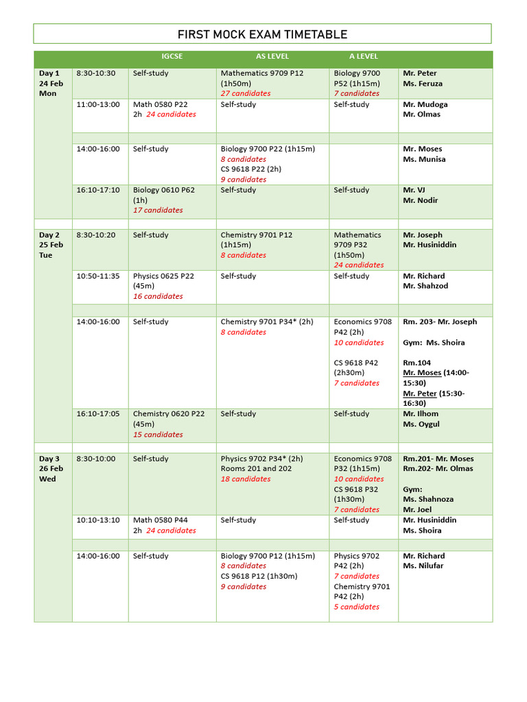 First Mock Invigilation Schedule - Final | PDF