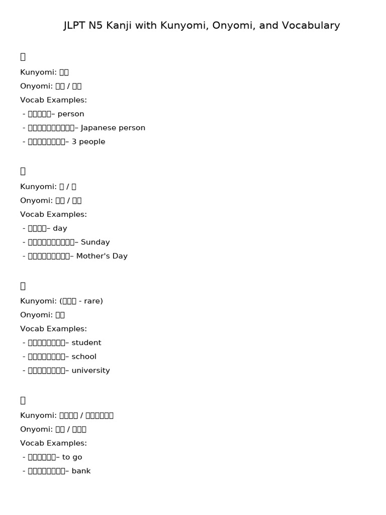 N5 Kanji Kunyomi Onyomi Vocab | PDF