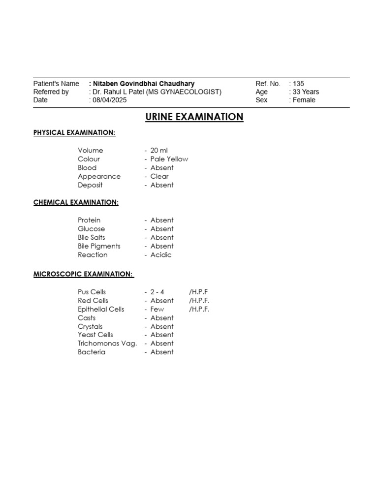 Urine Test Report for Nitaben Chaudhary | PDF