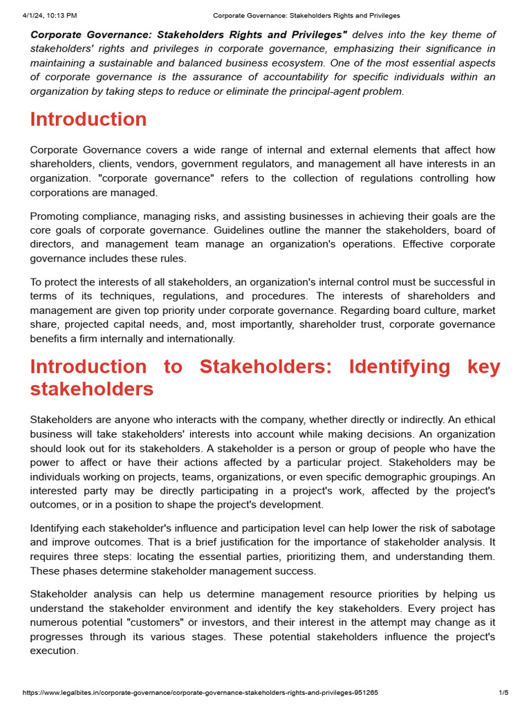 Corporate Governance - Stakeholders Rights and Privileges Unit 3 | PDF ...