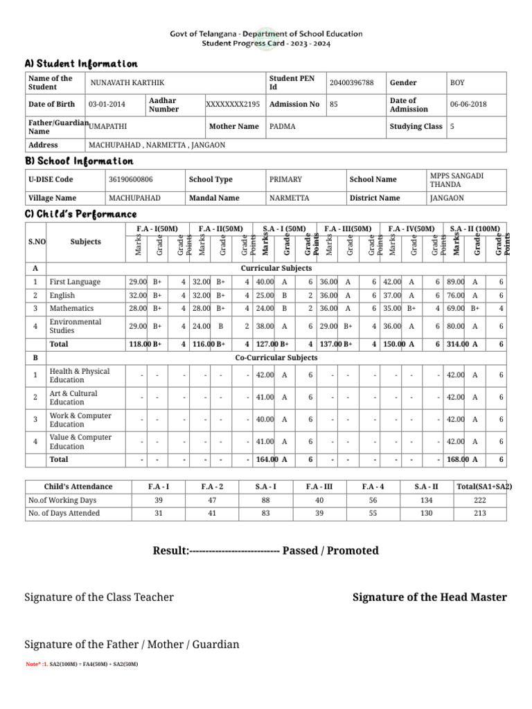 Nunavath Karthik Progress Card | PDF | Authentication