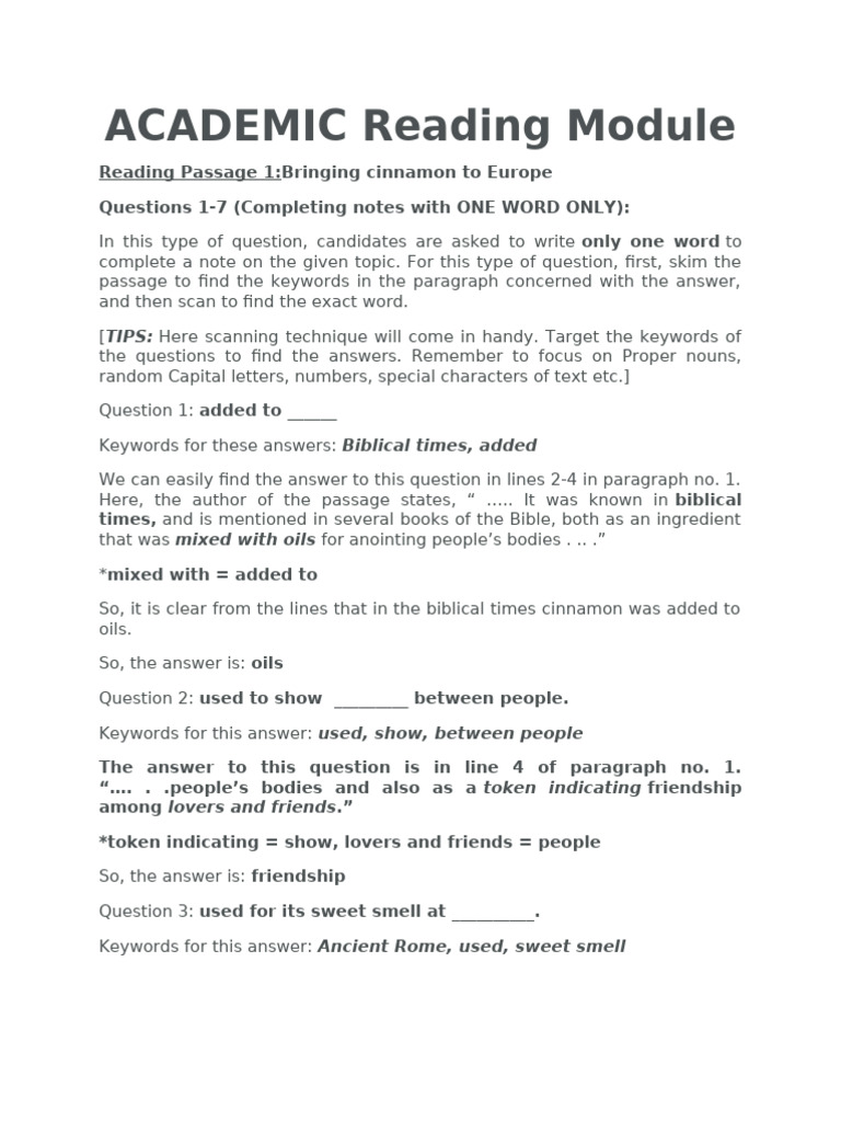 IELTS TEST ACADEMIC Reading Answers | PDF | Cinnamon | Question