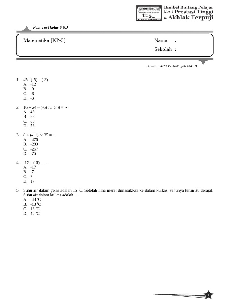 KP-3 Post Test Matematika 6 SD [Bab Bilangan Bulat Sub BAB Operasi ...