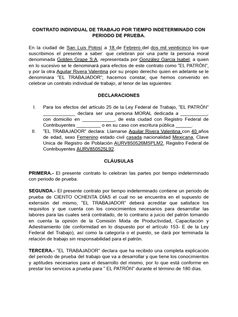 CONTRATO INDIVIDUAL DE TRABAJO POR TIEMPO INDETERMINADO CON PERIODO DE PRUEBA | PDF | Salario