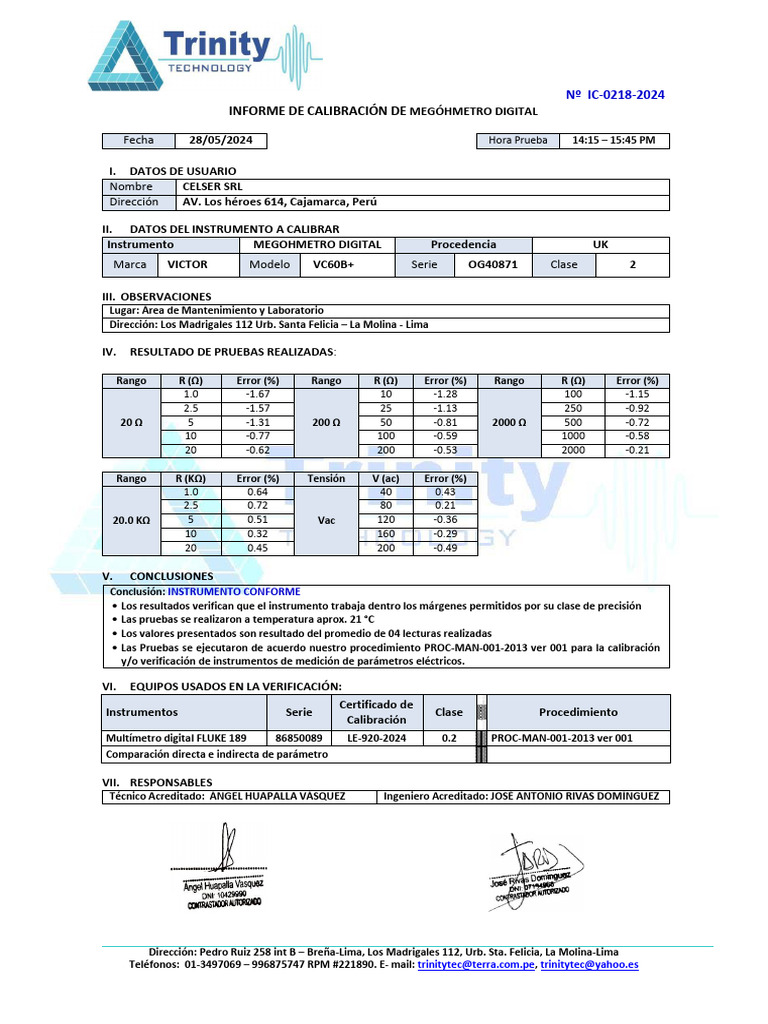 Certificado Calibracion Megóhmetro Victor Vc60b+ | PDF | Calibración | Ingenieria Eléctrica