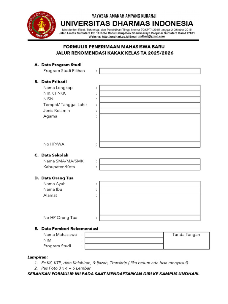 Pendaftaran Mahasiswa Baru Undhari 2025/2026 | PDF