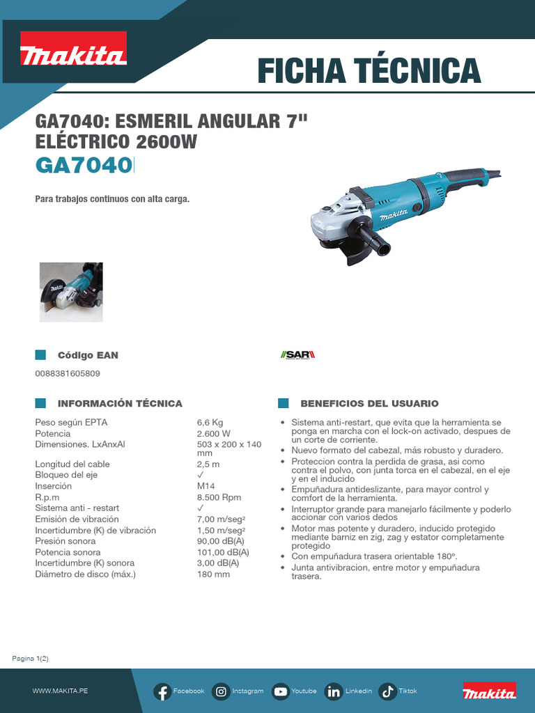 Ficha Tecnica de Amoladora de 7 Pulgadas | PDF