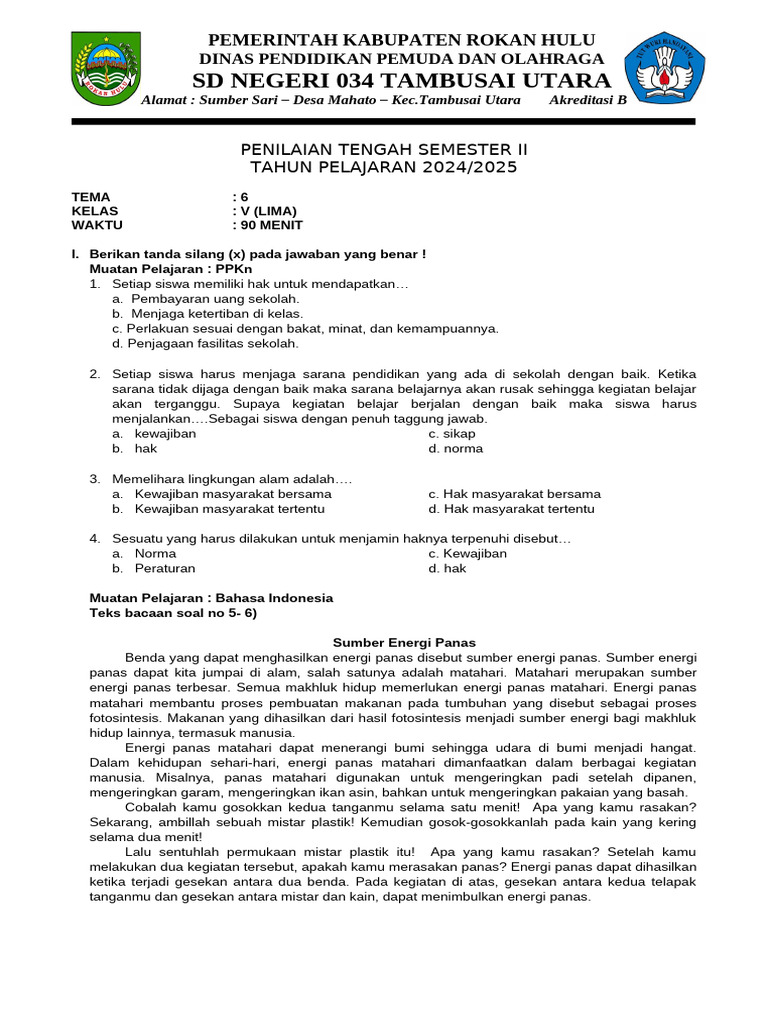Soal PTS Kelas 5 Tema 6 Sub 1 Dan 2 - Websiteedukasi | PDF