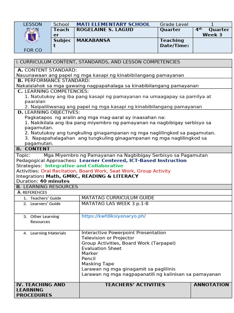 LESSON PLAN - COT - MAKABANSA FF | PDF