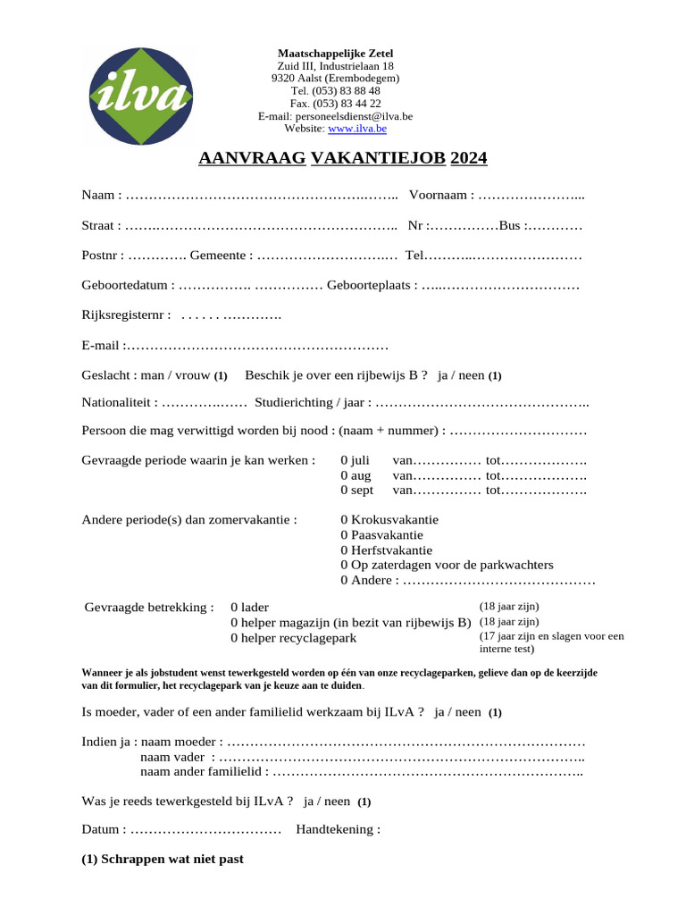 Aanvraag Formulier Vakantiewerk Zomer 2024 | PDF