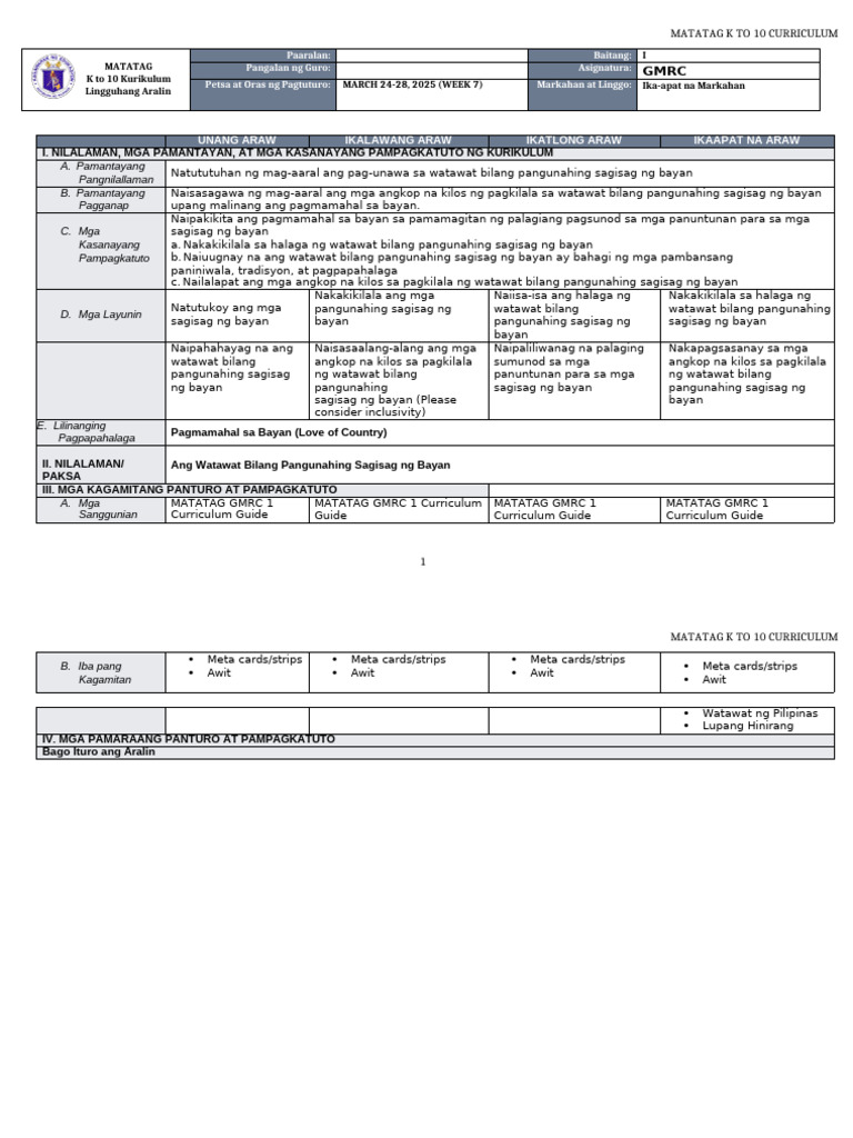 DLL MATATAG_GMRC 1_Q4_W7 | PDF