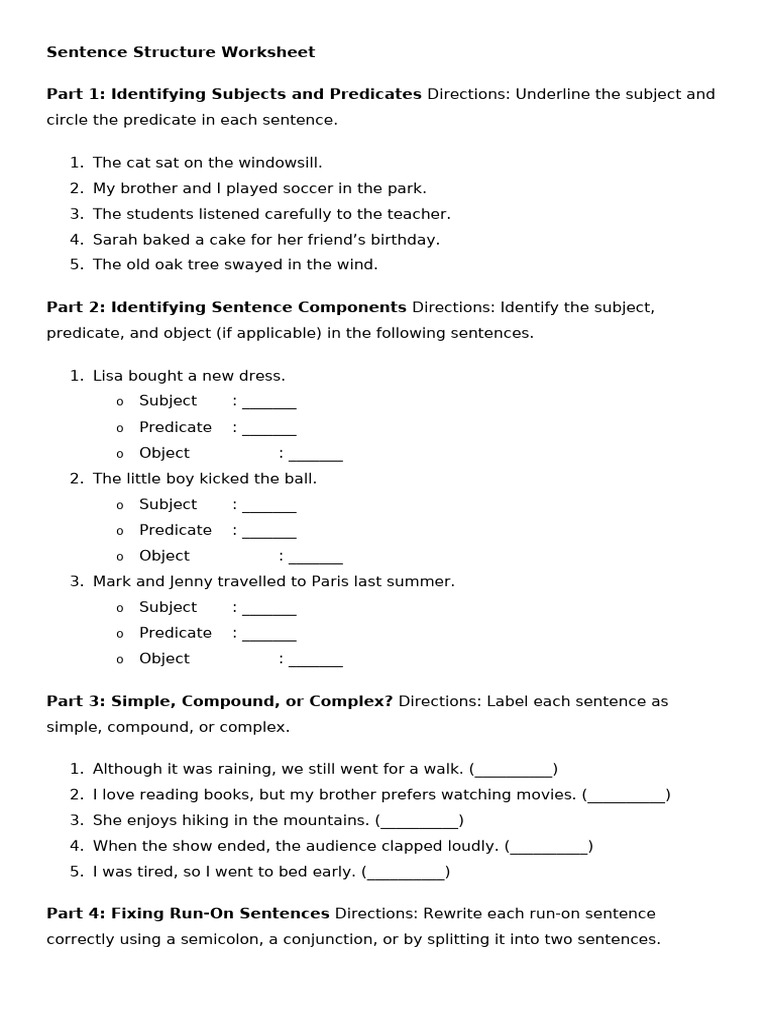 Sentence Structure Worksheet | PDF