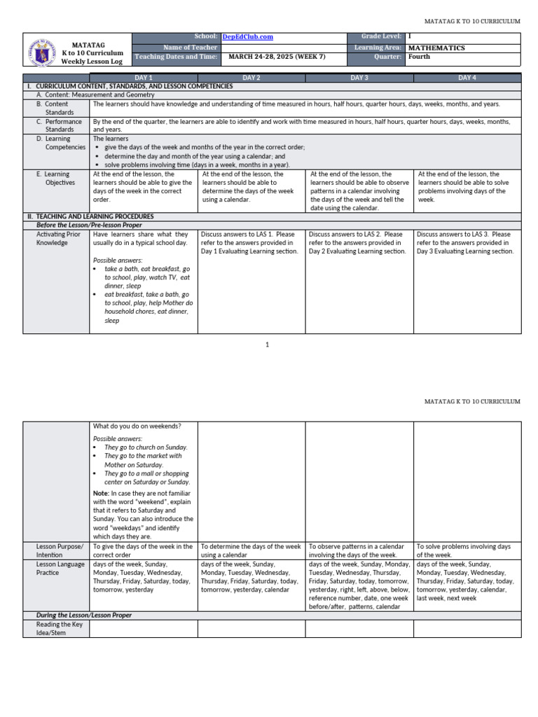 DLL MATATAG_MATHEMATICS 1_Q4_W7 | PDF | Workweek And Weekend | Learning