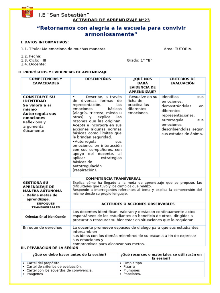 Sesion de Personal Las Emociones | PDF | Aprendizaje | Las emociones