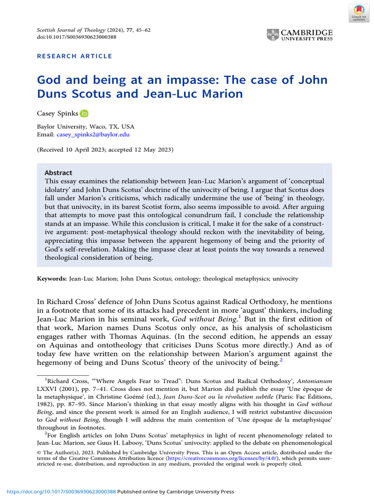God and Being at An Impasse The Case of John Duns Scotus and Jeanluc ...