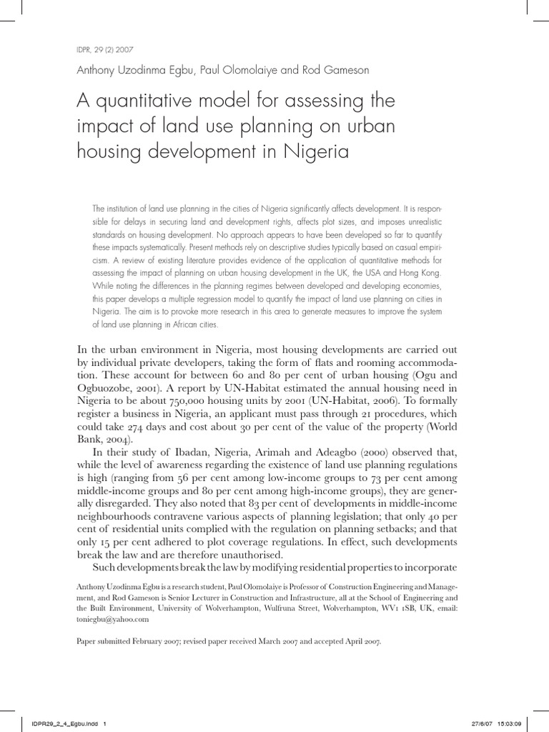 Egbu Et Al A Quantitative Model For Assessing The Impact of Land Use Planning On Urban Housing ...