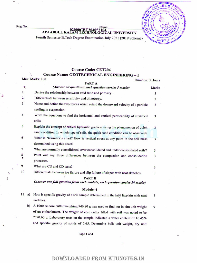 Cet204 Geotechnical Engineering-I, July 2021 | PDF | Soil | Porosity
