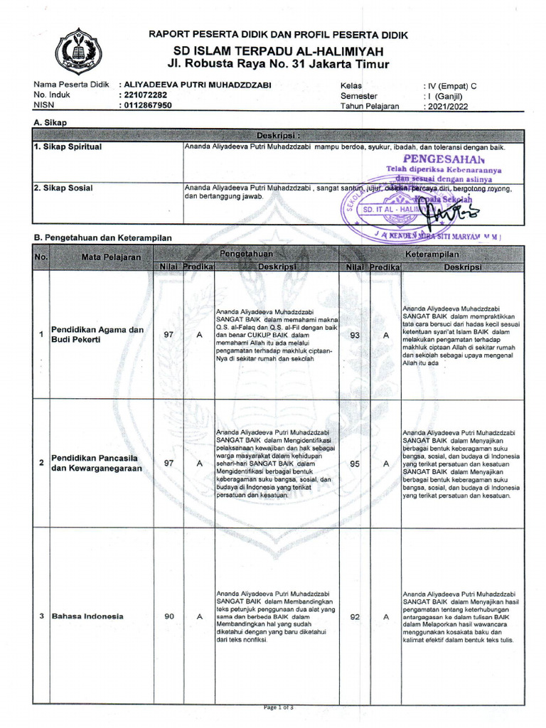 Rapot Kls IV smt 1 | PDF