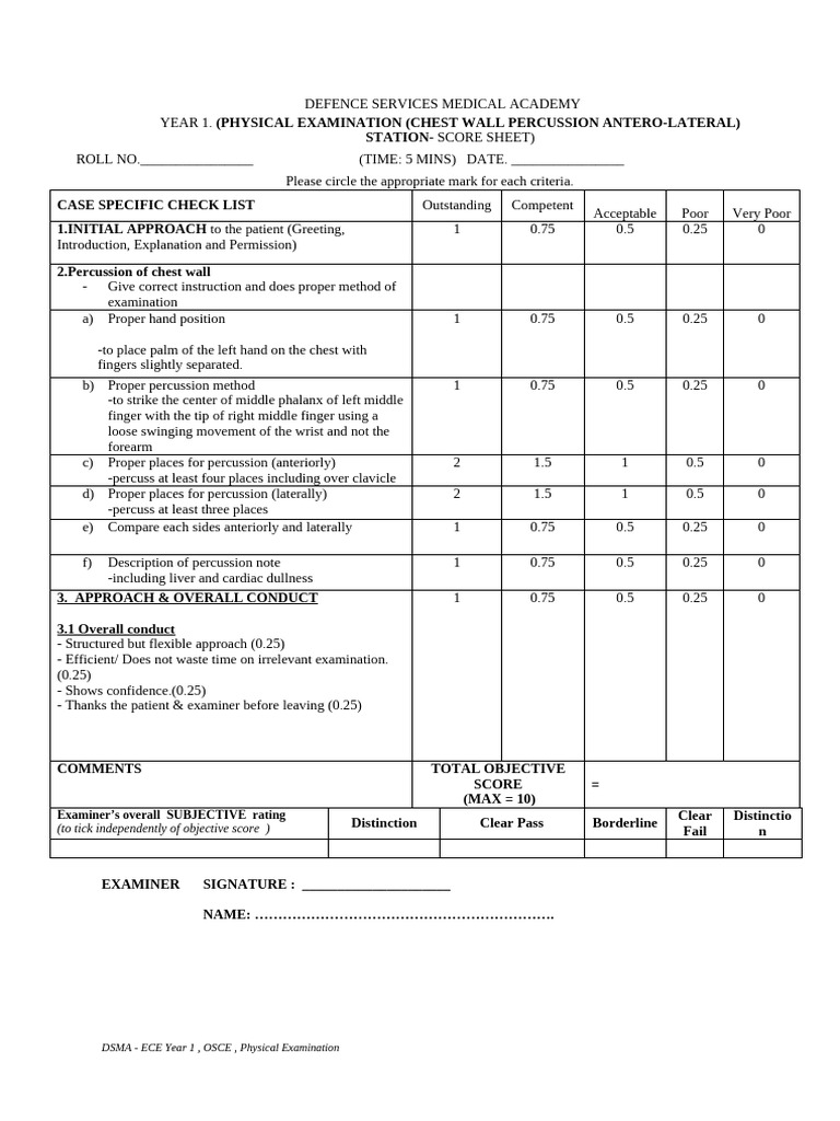 ECE year 1 , Physical Examination OSCE score sheet Resp Ant-Lat_1 | PDF ...