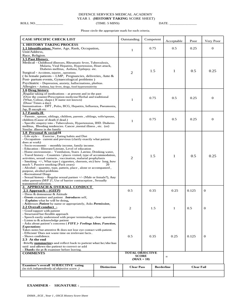 ECE Year 1, 2018 HISTORY OSCE Score Sheet (Others) - 1 | PDF | Medicine ...