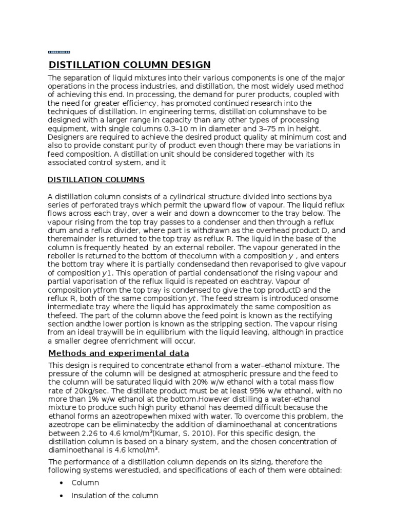 Distillation Column Design | PDF | Distillation | Unit Operations