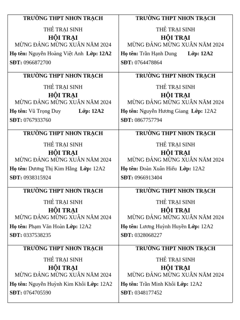 Danh sach dang ky trai 12A2 | PDF