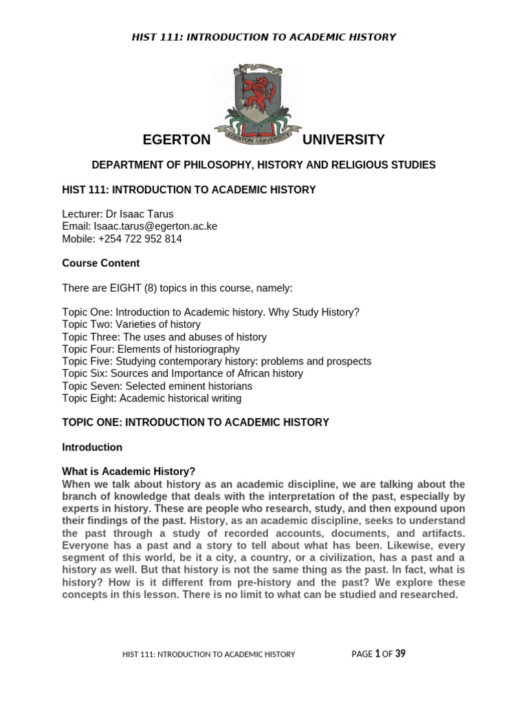 Hist 111 Lecture Notes Introduction Academic History ...
