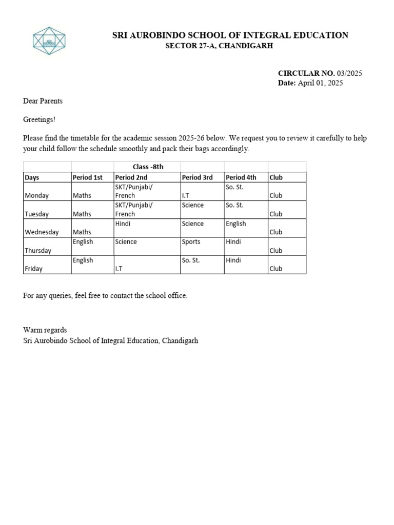 Circular of Time Table Class 8th | PDF