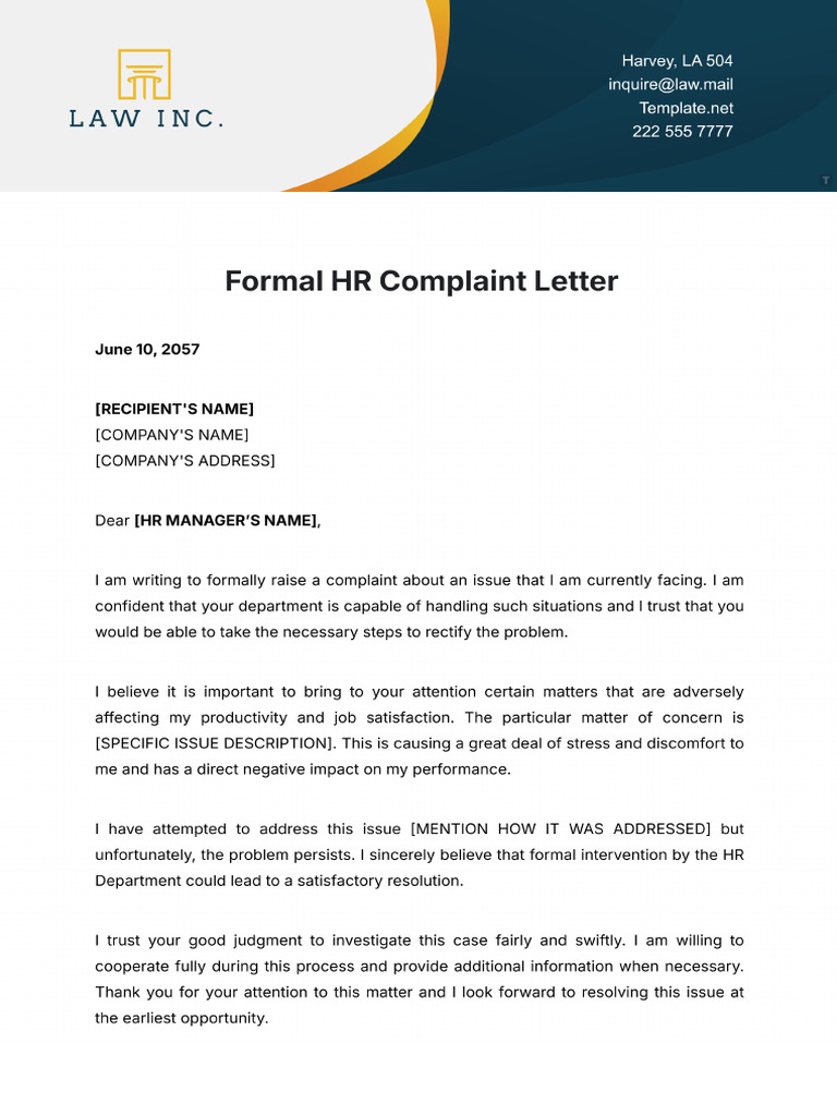 Formal HR Complaint Letter Template | PDF