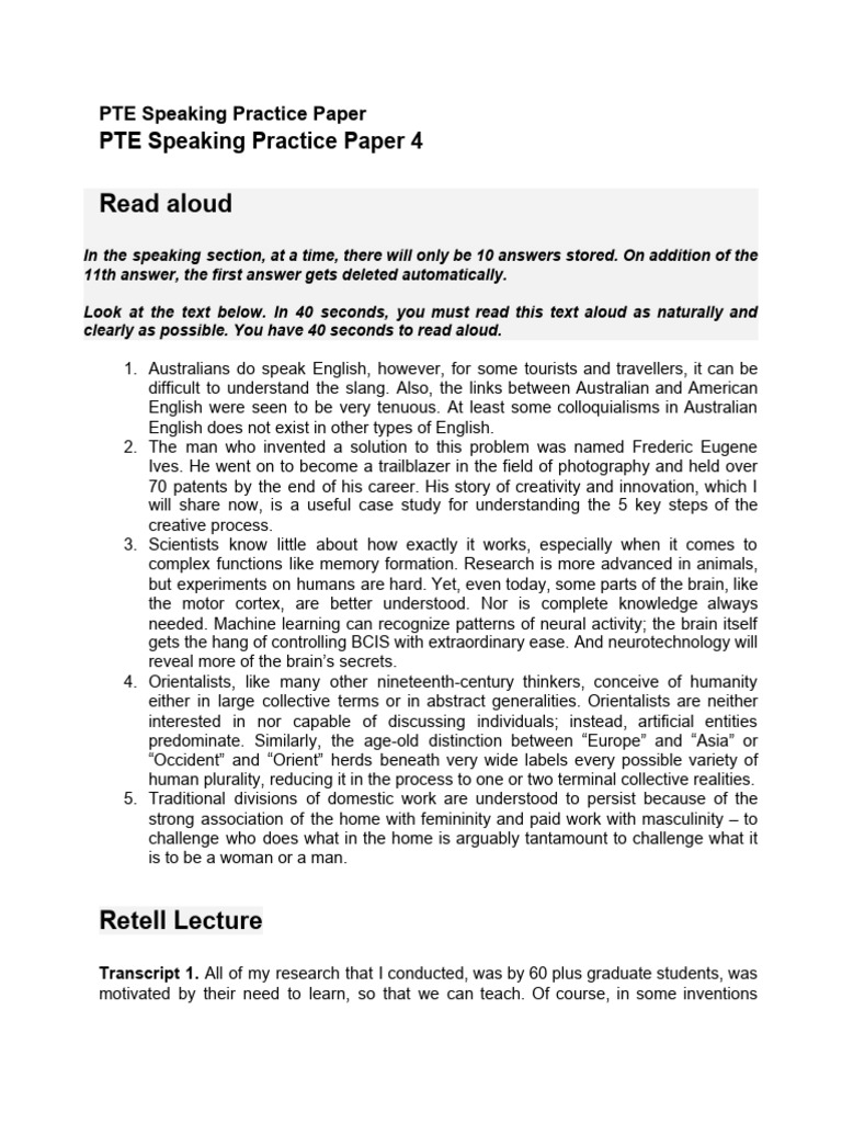 PTE Speaking Practice Paper 4 Guide | PDF | Cloud | Brain