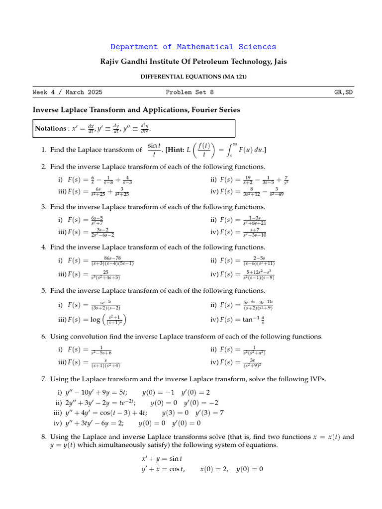 8 - MA121 - 2025 - ProblemSet 8 | PDF | Laplace Transform | Functional Analysis