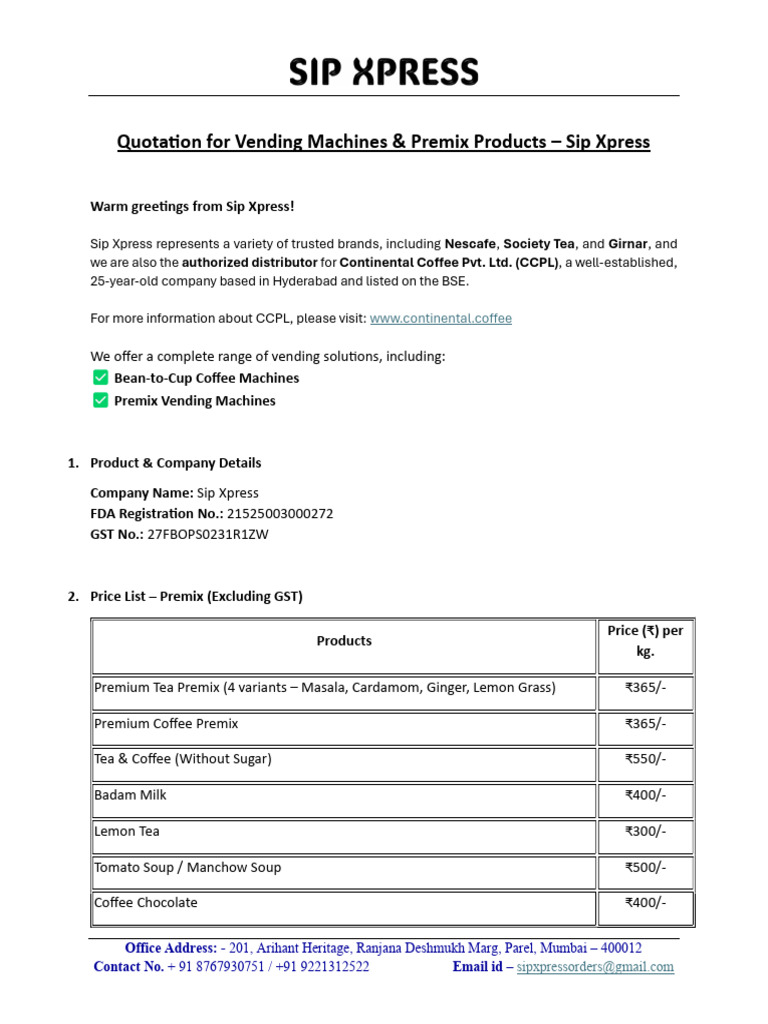 Quotation For Tea and Coffee Premixes and Vending Machines | PDF ...
