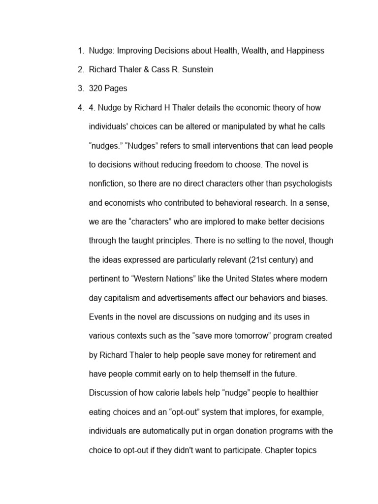 Nudge by Richard H. Thaler Essay | PDF | Social Psychology ...