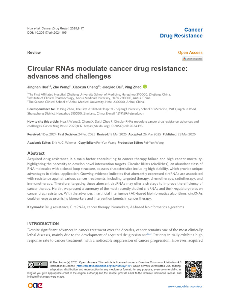 Circular RNAs Modulate Cancer Drugs Resistance: Advances and Challenges ...