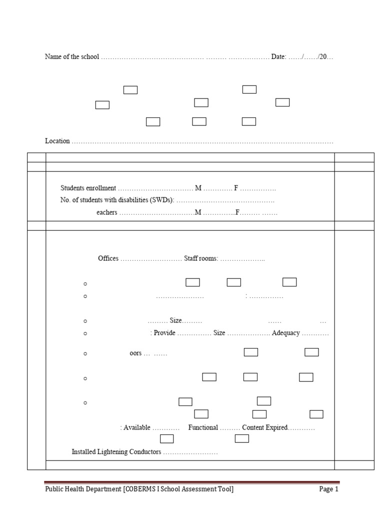 School Health Assessment - COBERMS I | PDF | Sanitation | Drinking Water