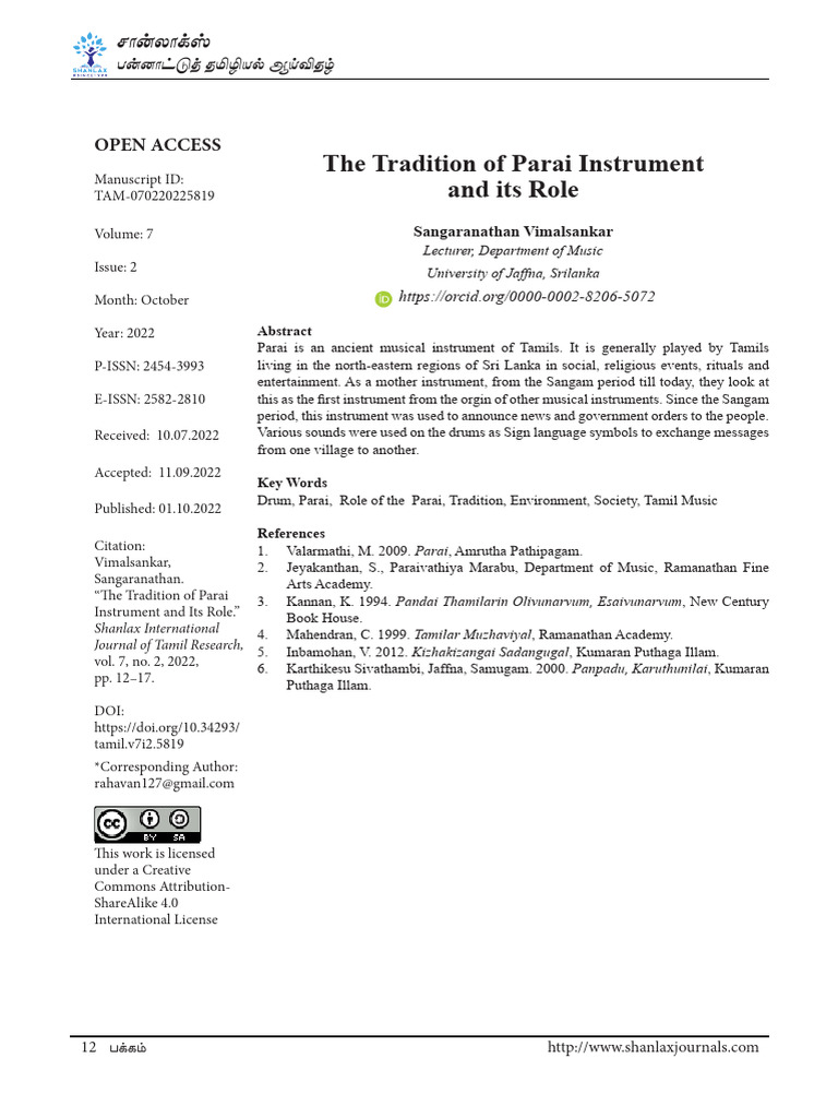 The_Tradition_of_Parai_Instrument_and_its_Role | PDF | Musicology | Tamils
