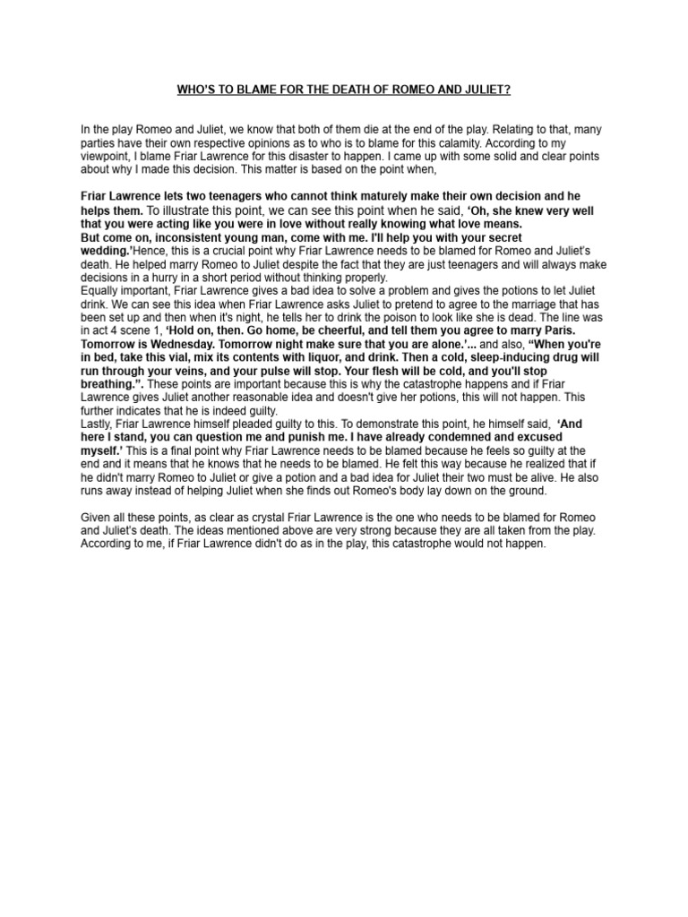 WHO IS TO BLAME FOR THE DEATH OF ROMEO AND JULIET_ - Google Docs | PDF