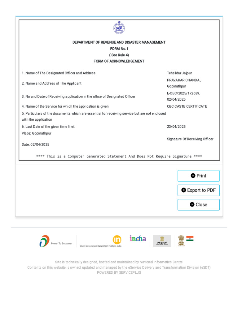 OBC Caste Certificate Acknowledgment Form | PDF