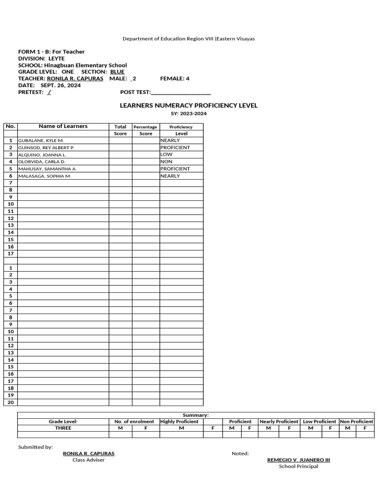 Form-1-LEARNERS-NUMERACY-PROFILE-LEVEL-2023-2024-August-30-2023 | PDF