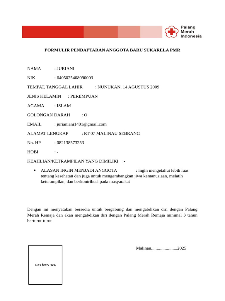 Formulir Pendaftaran Anggota Baru Sukarela PMR | PDF